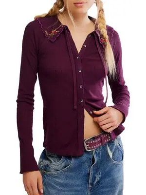 Free People Juniper Embroidered Pointelle Cotton Button-up Top - Vintage Grape