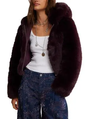 Free People Louder Please Hooded Faux Fur Jacket - Grape