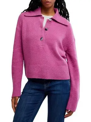 Free People Cotton Blend Polo Sweater - Magenta Haze Melange