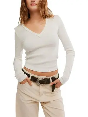 Free People Neria Long Sleeve Stretch Cotton Crop Top - Clean Ivory