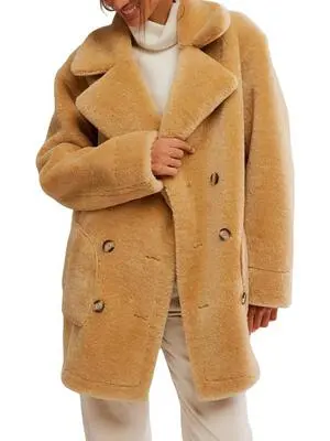 Free People Mari Double-breasted Reversible Faux Shearling Coat - Tan Cream Combo