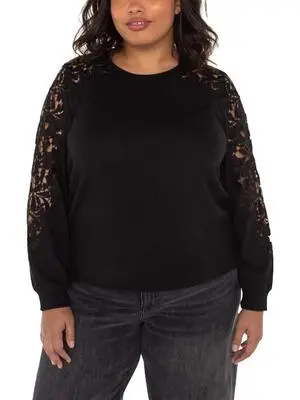 LIVERPOOL Lace Inset Crewneck Knit Top - Black