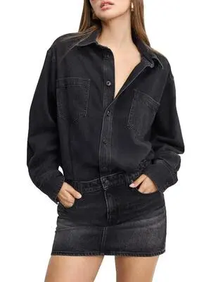 Good American Denim Long Sleeve Mini Shirtdress - Black389