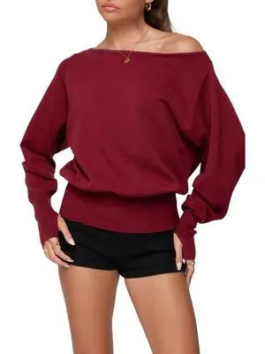 EDIKTED Oversized Off-the-shoulder Sweater With Thumbhole Cuffs - Burgundy