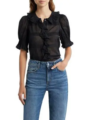 DÔEN Balsam Pintuck Ruffle Organic Cotton Top - Black