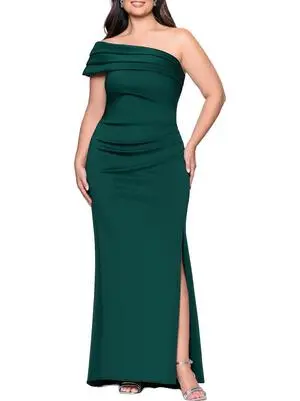 XSCAPE EVENINGS Pleated One-shoulder Mermaid Gown - Hunter