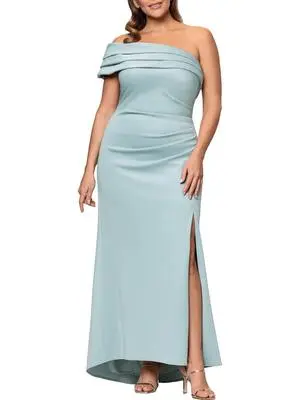 XSCAPE EVENINGS Pleated One-shoulder Mermaid Gown - Sage