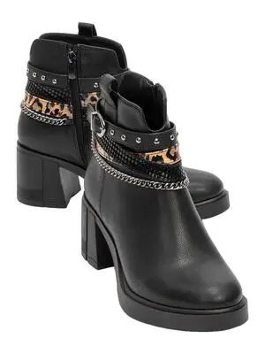 PROLOGUE SHOES Boliva Buckled Chain Block Heel Boots - Black Faux Leather