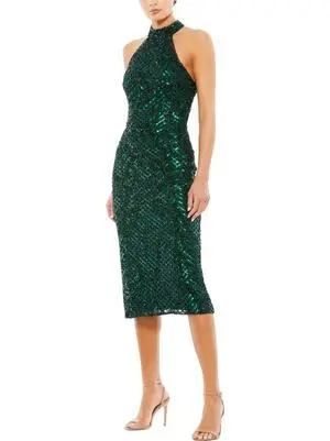 Mac Duggal Embellished Halter Neck Midi Dress - Bottle Green