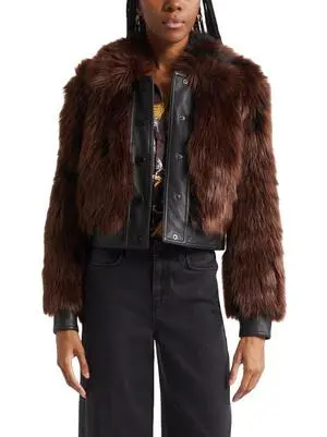 L'Agence Claira Faux Leather Trim Faux Fur Jacket - Coffee Bean