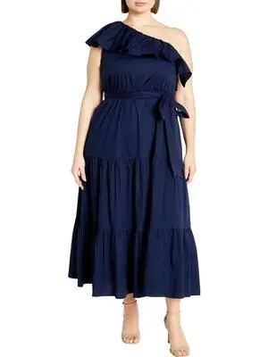 CITY CHIC Kiama Ruffle One-Shoulder Tie Belt Tiered Dress