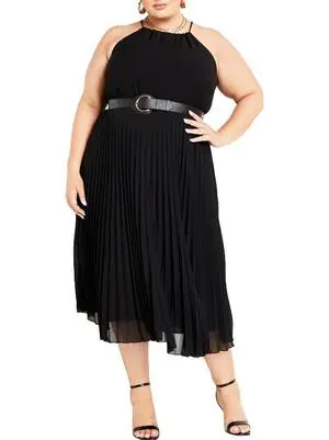 City Chic Sleeveless Pleat Dress - Black