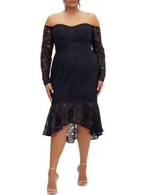 City Chic Poppy Lace Off-the-shoulder Midi Dress - Navy