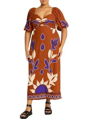 City Chic Luna Print Puff Sleeve Maxi Dress - Placemet Print