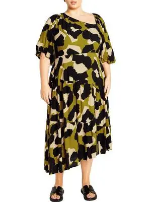 CITY CHIC Asymmetric Neck Puff Sleeve Dress