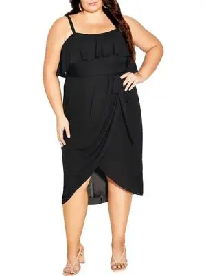 City Chic Fable Ruffle Tie Belt Dress - Black