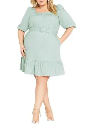 City Chic Belted Puff Sleeve Dress - Blue