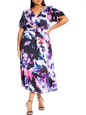 City Chic Tayla Ruched Cutout Cocktail Dress - Neon Print