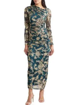 Vince Camuto Metallic Floral Long Sleeve Ruched Gown - Teal Combo