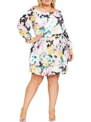 City Chic Odessa Off-the-shoulder Long Sleeve Mini Dress - Ivory Bloom
