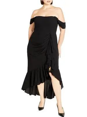 City Chic Ruffle Off-the-shoulder High-low Maxi Dress - Black