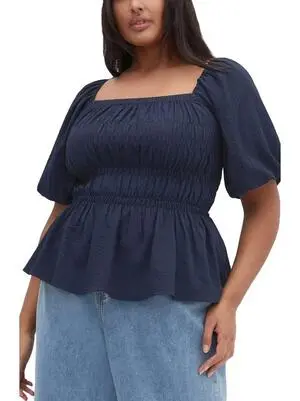 City Chic Irina Smocked Puff Sleeve Top - Navy