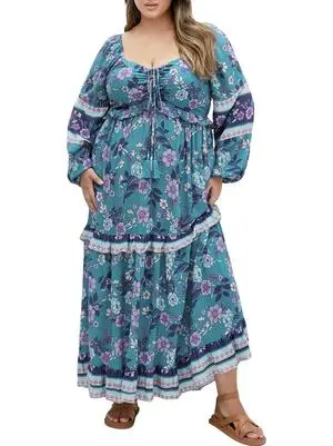 City Chic Lyra Floral Print Long Sleeve Maxi Dress - Blue Border