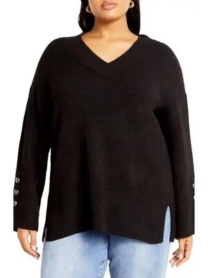 City Chic Dorothy Button Cuff Sweater - Black