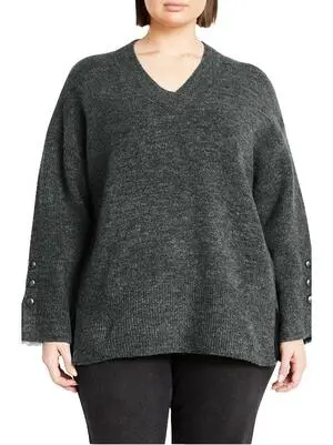 City Chic Dorothy Button Cuff Sweater - Grey