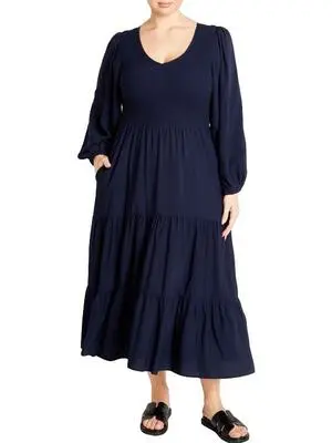 City Chic Athena Freya Long Sleeve Tiered Maxi Dress - Navy