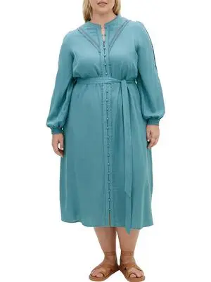 City Chic Mysteria Long Sleeve Button-front Dress - Blue