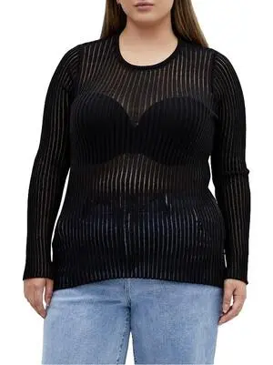 City Chic Eleni Sheer Stripe Long Sleeve Top - Black