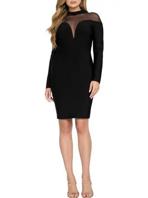 MARCIANO Diana Illusion Lace Detail Long Sleeve Body-con Mini Dress - Black