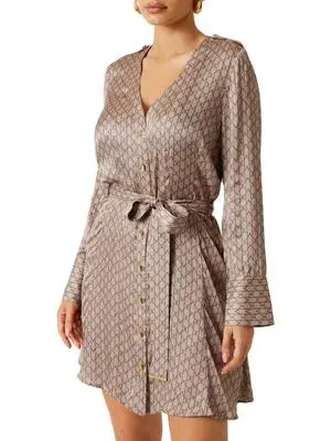 MARCIANO Britney Logo Print Long Sleeve Satin Shirtdress - Beige