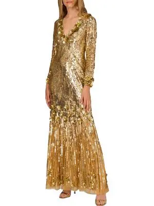 Aidan Mattox Embellished Long Sleeve Mermaid Gown - Gold