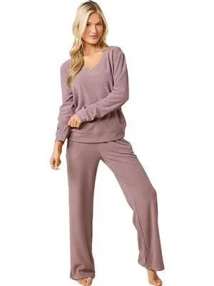 SOFTIES Vintage Velvet V-neck & Wide Leg Pant Set - Driftwood