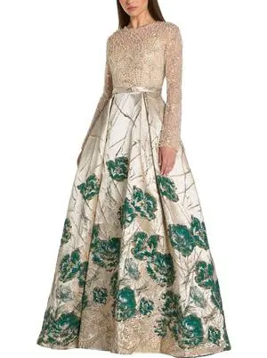 Mac Duggal Embellished Floral Brocade Gown - Champagne Teal