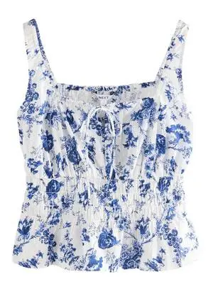 NEXT Floral Smocked Cotton Camisole - White/blue