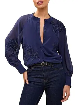 LIPSY Floral Appliqué Band Collar Button-up Shirt - Navy