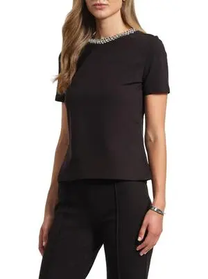 ISAAC MIZRAHI NEW YORK Embellished Jewel Neck T-shirt - Black