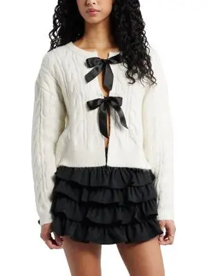 Bp. Cable-stitch Cardigan With Bow Tie Detail - Ivory