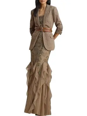 Ralph Lauren Ruffle Paisley Beaded Gown - Taupe/pewter Multi