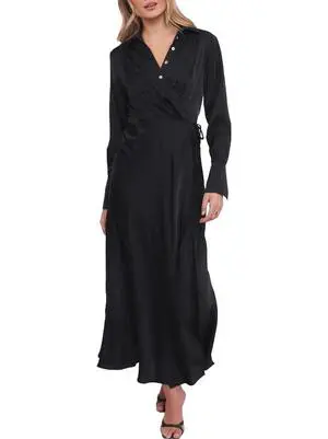 PETAL & PUP Verna Long Sleeve Wrap Maxi Shirtdress - Black