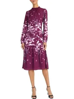 Maggy London Floral Long Sleeve Midi Dress - Raspberry/mauve