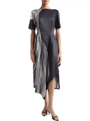 JASON WU Dancing Pleat Print Double Face Satin Dress - Black/pink