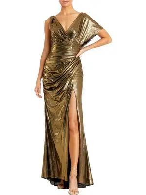 Mac Duggal Asymmetrical Draped Metallic Trumpet Gown - Antique Gold