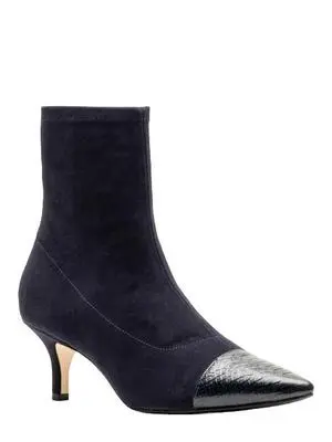 FRANCES VALENTINE Serena Pointed Cap Toe Kitten Heel Bootie Navy