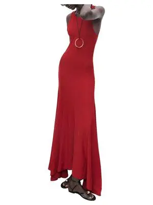 Mango Asymmetric Sleeveless Knit Maxi Dress - Red