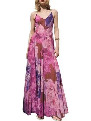 Mango Floral Print Sleeveless Godet Maxi Dress - Purple