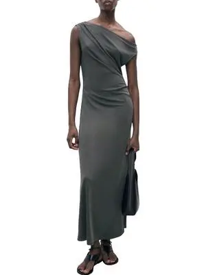 Mango Asymmetric Pleated Maxi Dress - Charcoal